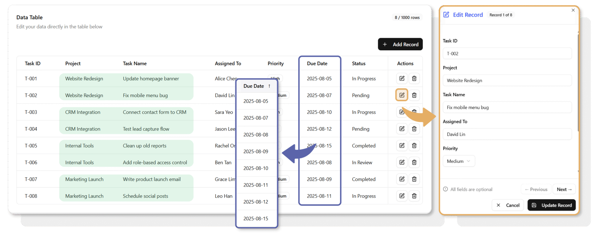 Task Management Log Example | AI JSON CRUD Table Maker - Visual Paradigm AI