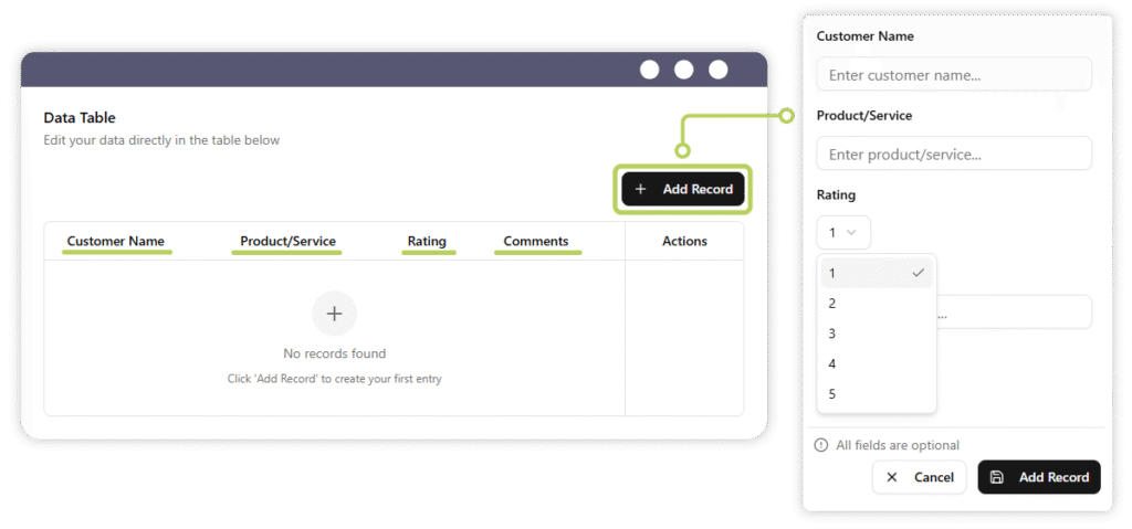 Customer Feedback Table from Schema | AI JSON CRUD Table Maker - Visual ...